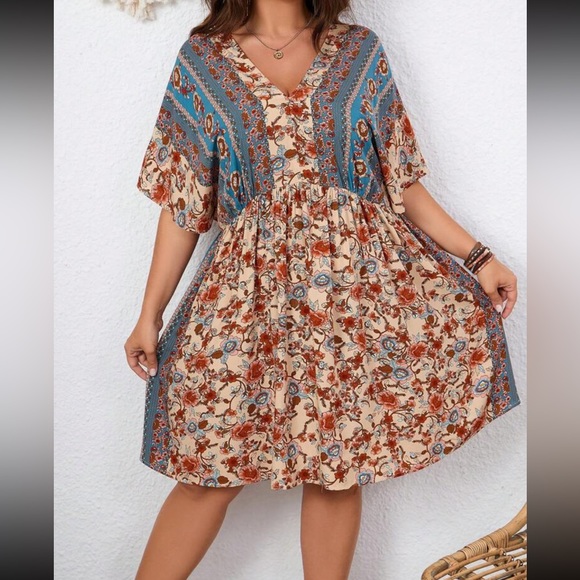 Dresses | Plus Size Boho Floral Print Batwing Sleeve Tie Back Smock Dress | Poshmark